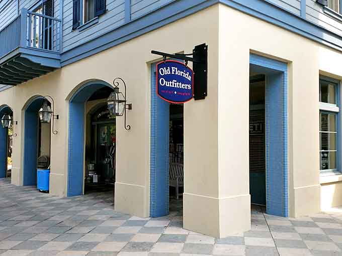 Old Florida Outfitters' charming storefront promises everything needed for coastal adventures, from fishing gear to the perfect beach hat.