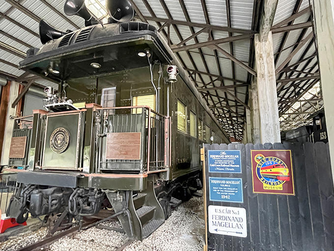 The presidential railcar's rear platform once hosted whistle-stop campaigns, back when politicians actually had to face voters without a screen between them.