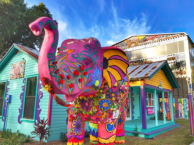 Whimzeyland's psychedelic elephant stands guard over one of Florida's most delightfully eccentric homes. Dr. Seuss would feel right at home here.