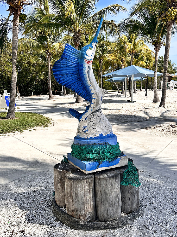 The sailfish statue stands as a metallic tribute to the marine life that makes Biscayne Bay a fisherman's dream destination.