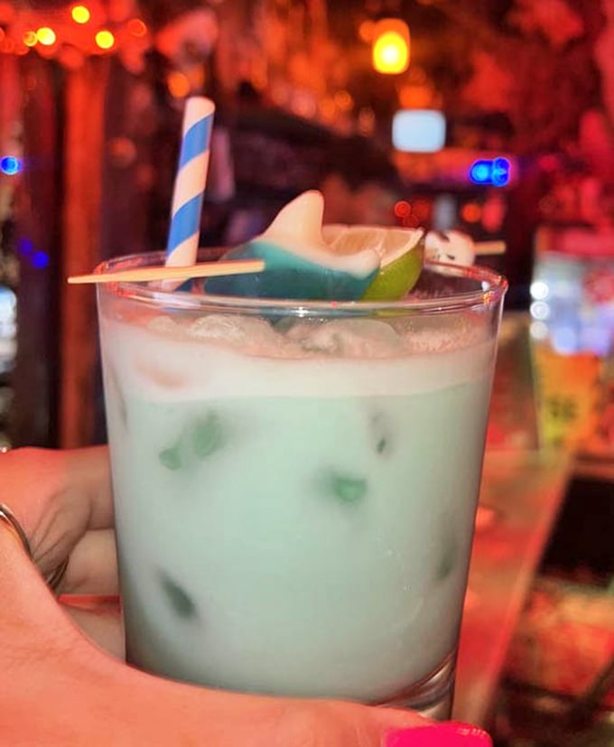 The legendary "Blue Milk" cocktail &ndash; a creamy concoction that would make any space farmer proud, complete with exotic garnish.