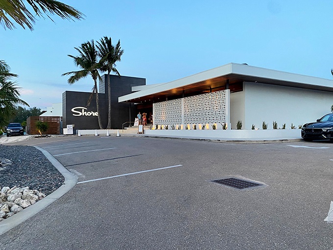 Shore Restaurant blends mid-century modern aesthetics with coastal elegance, setting the stage for memorable sunset dining.