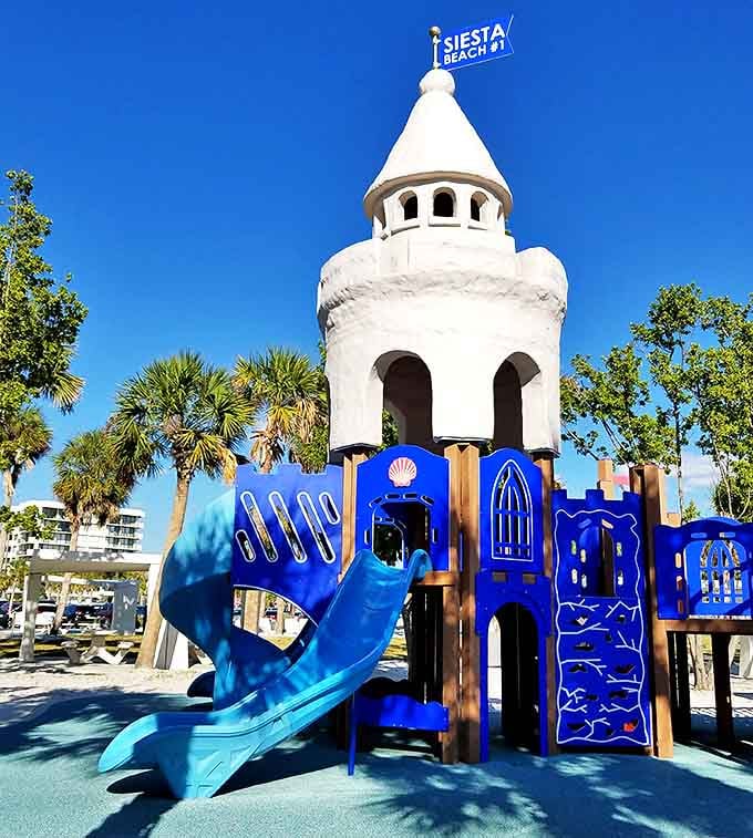 Castle dreams: Siesta Beach's playground delights young visitors with its whimsical design that matches the fantasy of the sugar-white sand.