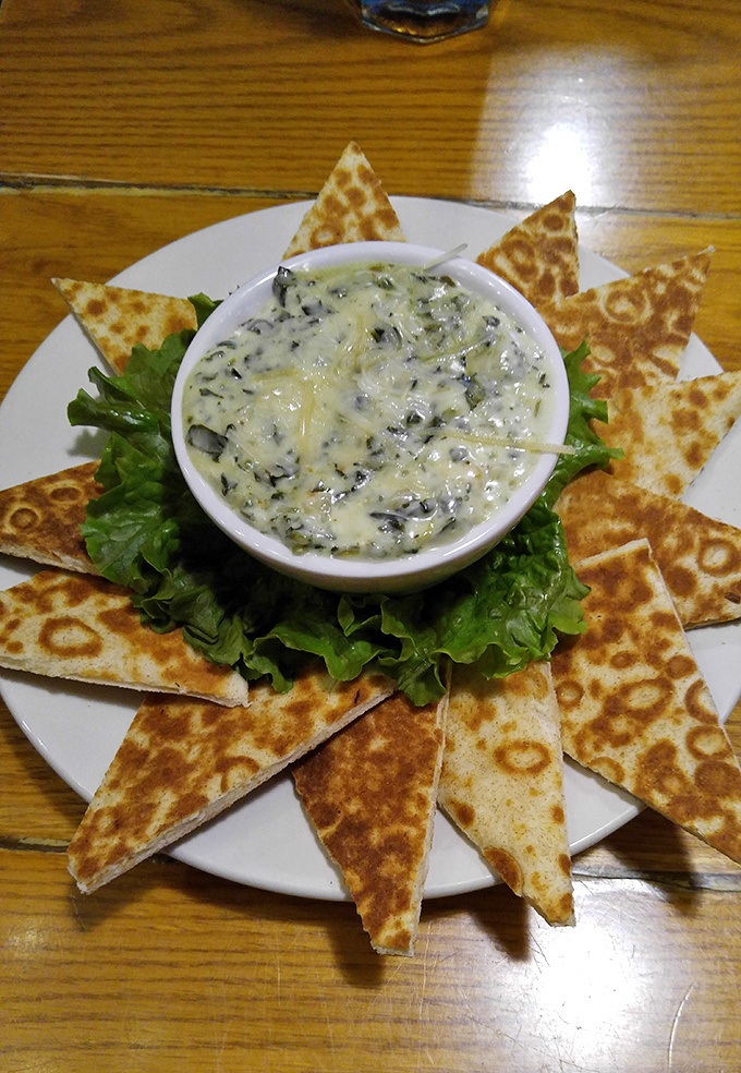 The spinach artichoke dip forms the sun, while pita triangles radiate like literary inspiration. Sharing optional, but not recommended.