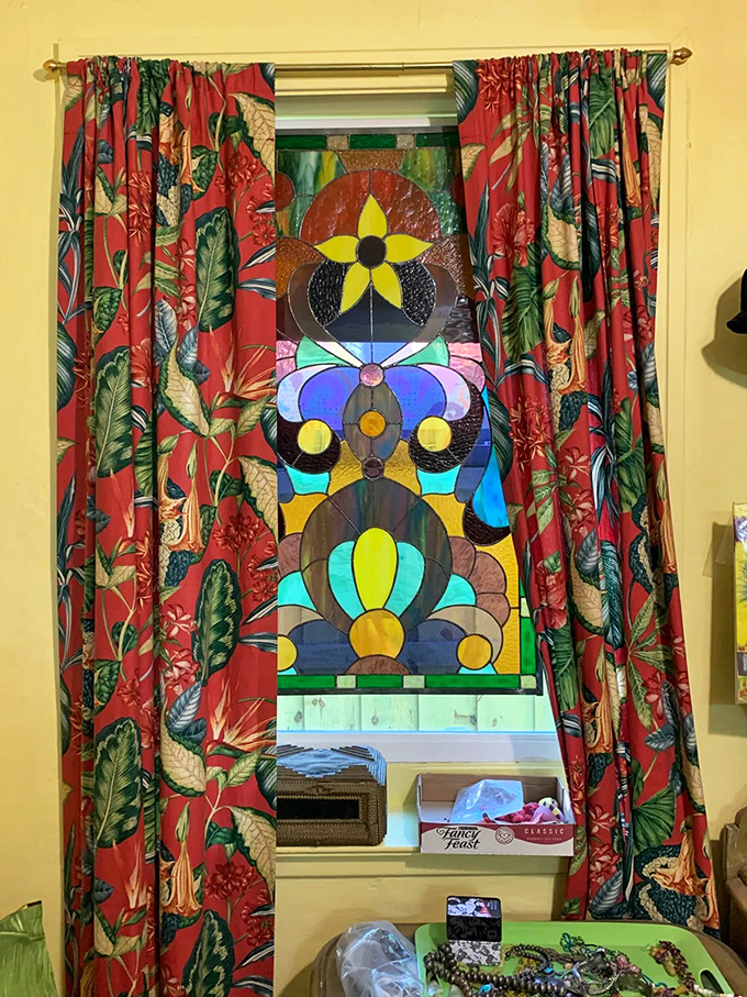 Sunlight streaming through this stained glass creates an indoor light show that changes with the position of the sun.