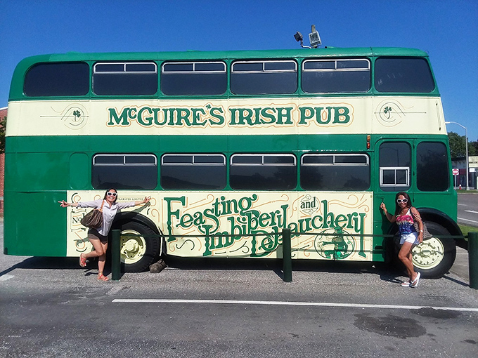 Take a cue from these two visitors and pose by the emerald-green double-decker bus at McGuire's &mdash; it&rsquo;s a photo you&rsquo;ll want to share.