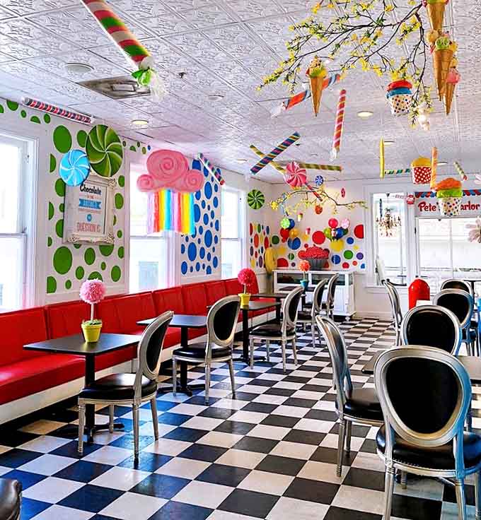 The dining area pops with polka dots and peppermint stripes &ndash; a wonderland where even the most serious adult reverts to childlike glee.