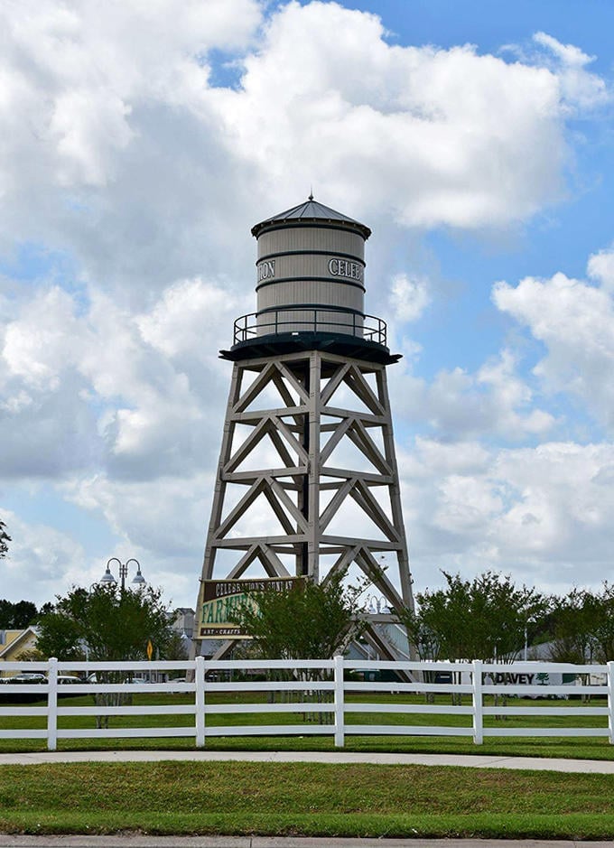 The town water tower stands tall, a nostalgic nod to small-town Americana that somehow avoids feeling kitschy.