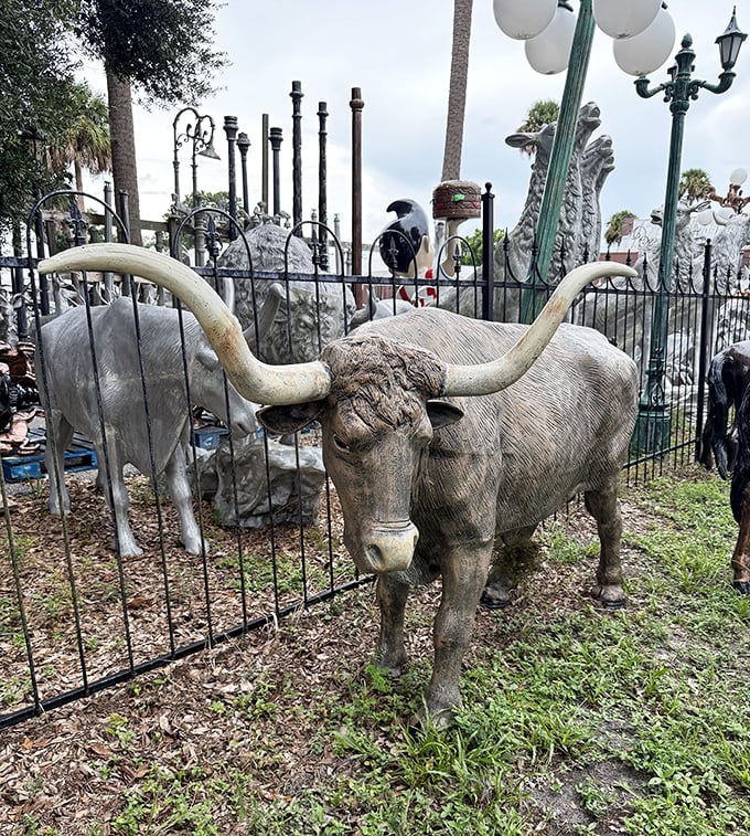 This impressive longhorn steer statue brings Wild West energy to the Florida landscape &ndash; perfect for the bold gardener.