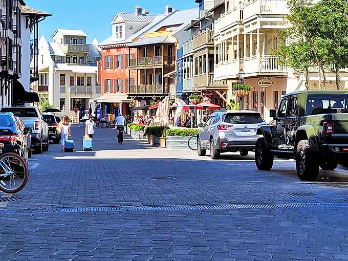 The bustling town center street combines Old World charm with New World convenience, creating a pedestrian paradise of shops and eateries.