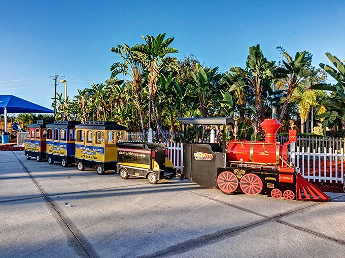 The charming train ride chugs along its route, offering younger visitors their first taste of theme park magic.