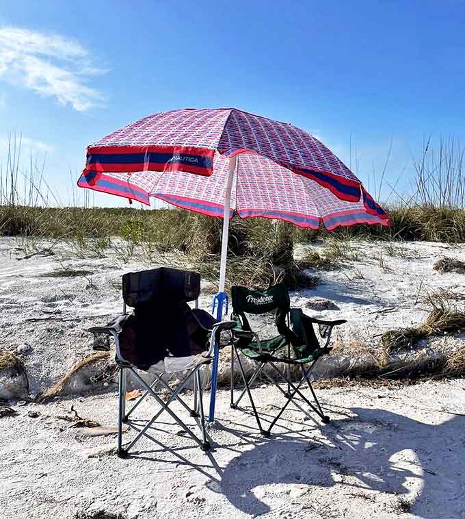 This beach setup has better views than most corner offices, and the commute involves significantly more sunscreen and fewer conference calls.