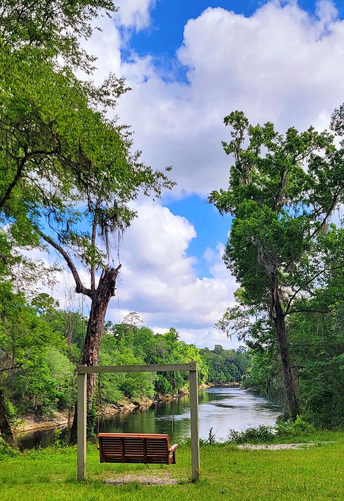 This riverside swing bench practically begs for a sunset viewing session &ndash; nature's theater with the most comfortable seats in the house.
