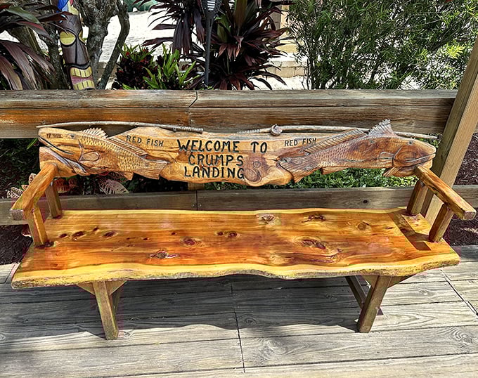 Not just any bench&mdash;a wooden welcome that captures the spirit of Old Florida, where craftsmanship and fishing tales go hand in hand.