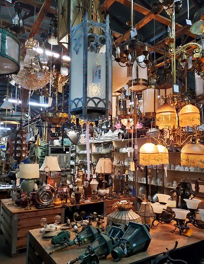 The lighting section dangles like a fantastical upside-down garden of illumination, where chandeliers from every era compete for attention.