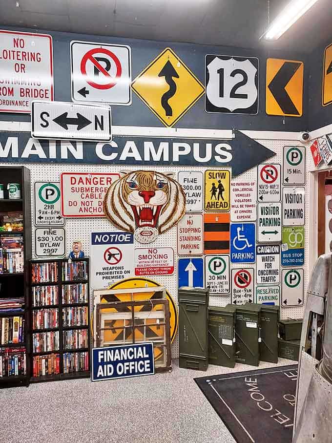 This wall of road signs and campus memorabilia creates a roadmap of nostalgia for anyone who's ever cruised Michigan's highways.