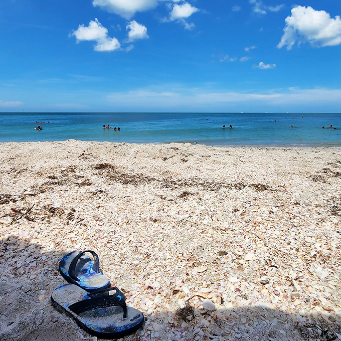 Nature's beach blanket of crushed shells creates a textured tapestry that massages tired feet with every step.