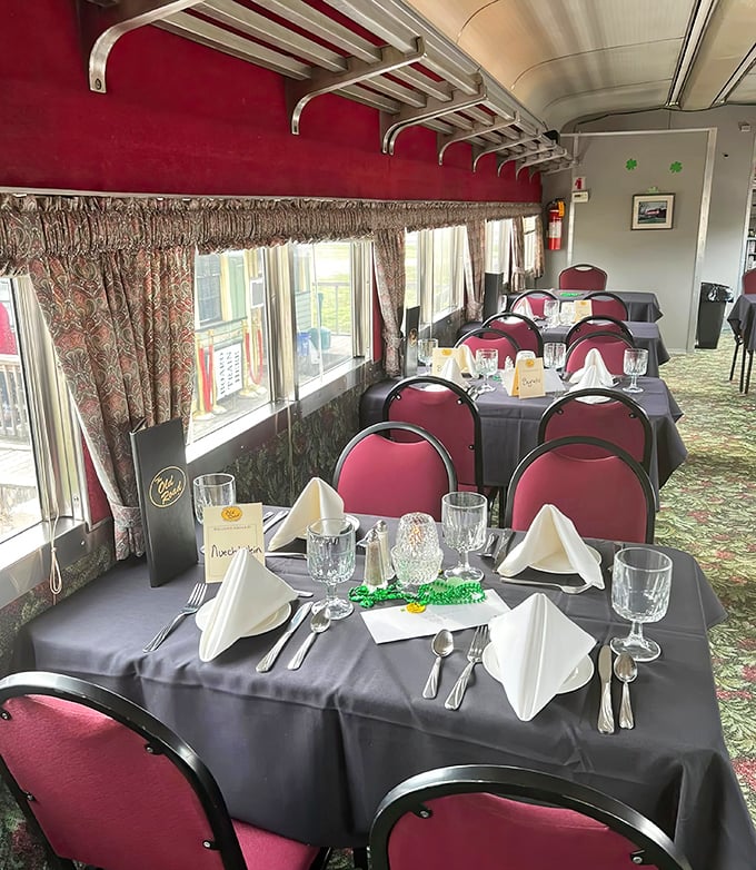 Tables dressed in crisp linens and proper settings await passengers, promising civilized dining even as uncivilized murder plots unfold around them.