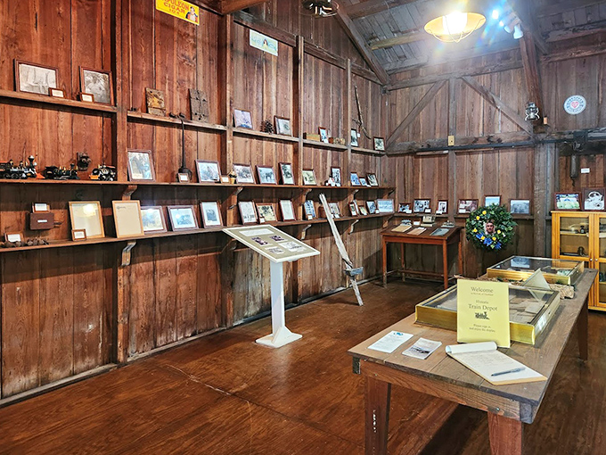Inside the historical building, wooden shelves display artifacts and photographs chronicling Chiefland's development through the decades.