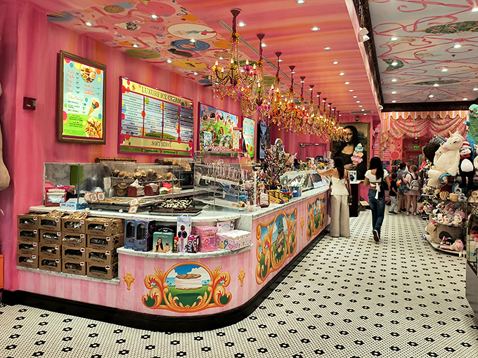 The counter staff works their magic in a pink wonderland where chandeliers dangle above and calories don't dare count themselves.