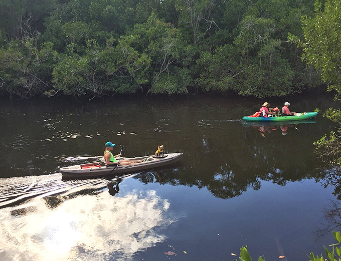 Kayakers glide through reflective waters, experiencing the Greenway from a duck's-eye view &ndash; minus the quacking.