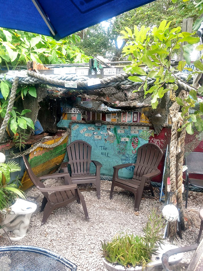 The outdoor "chill zone" offers a moment of relative calm amid the beautiful madness &ndash; though "calm" at Mahuffer's is still wonderfully eccentric.