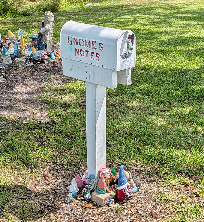 The "Gnome Notes" mailbox serves as the community's communication hub, where humans can leave messages that gnomes definitely read when no one's looking.