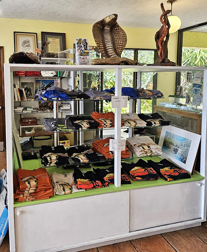 The gift shop offers snake-themed souvenirs for those who want to remember their brush with danger without the inconvenience of actual fangs.