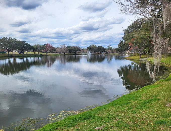 The tranquil pond serves as nature's mirror, doubling the beauty by reflecting sculptures, clouds, and Spanish moss-draped trees.