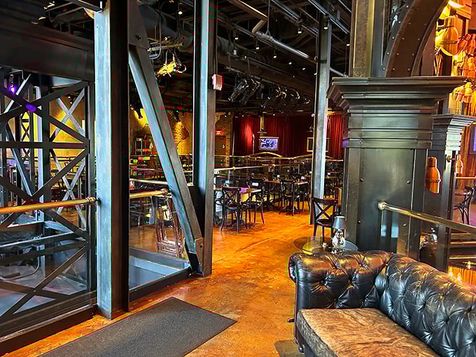 From this industrial catwalk vantage point, diners become part of the living theater that is The Edison, with tables arranged like exhibits in a museum of merriment.