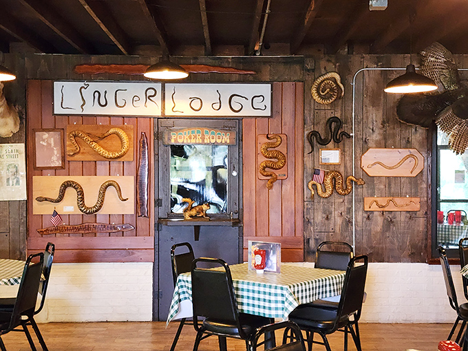Wooden walls adorned with preserved snakes create a uniquely Floridian atmosphere where dining becomes an adventure in itself.