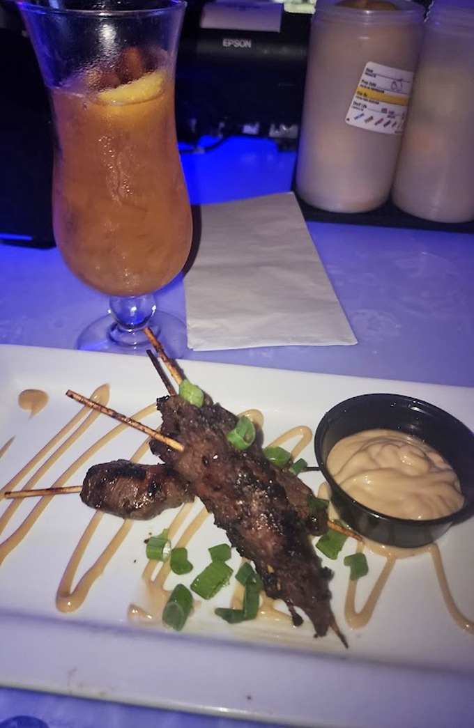 Savory skewers artfully presented with dipping sauce &ndash; protein power to help maintain body heat in the sub-freezing temperatures.