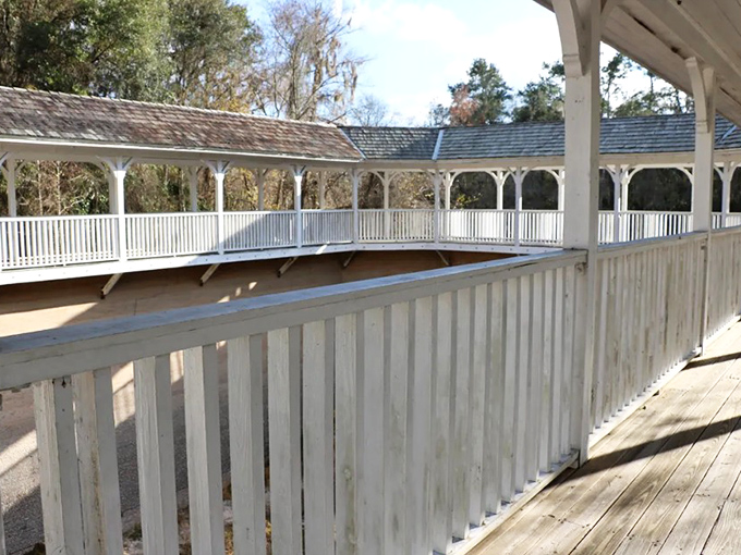 Weathered but dignified, the top floor gallery once offered prime viewing spots for those too proper to take the plunge.