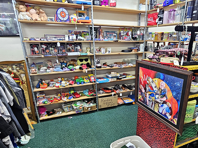 Childhood memories stacked on shelves &ndash; where modern gaming consoles meet the simple joy of well-loved stuffed animals.