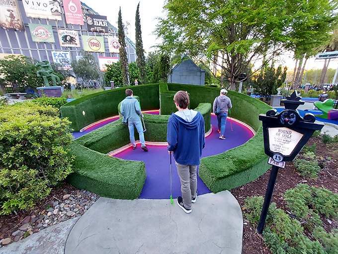 Golfers navigate the twisting pathways, their competitive spirits awakened by the course's clever design and unexpected challenges.