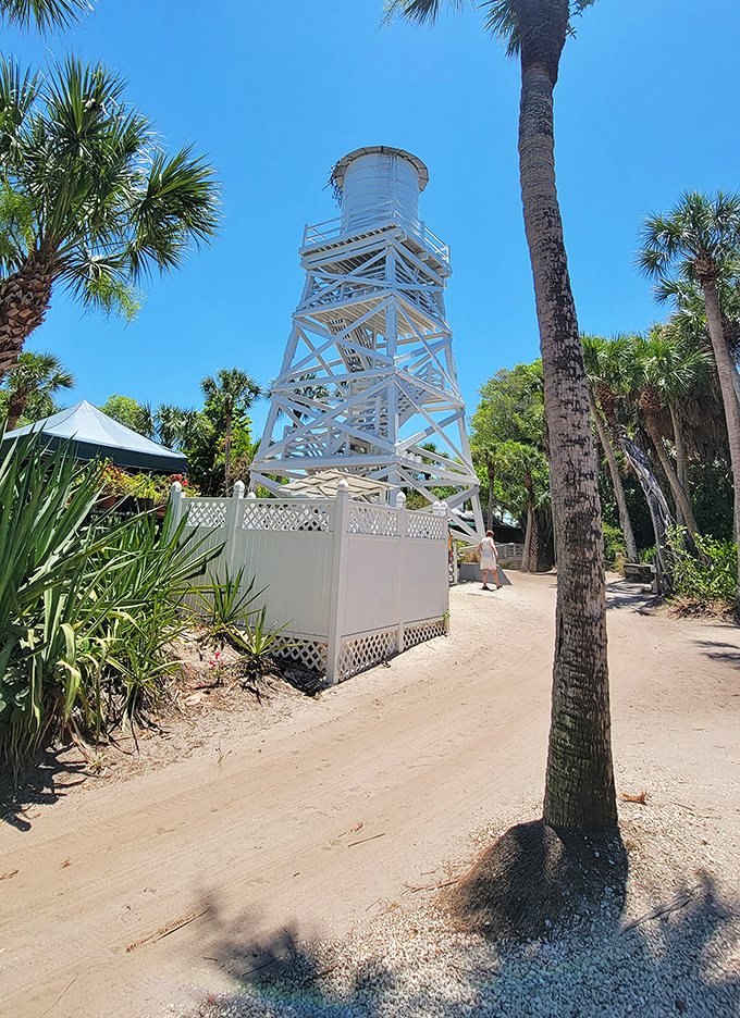 The island's iconic water tower stands sentinel among the palms, a white beacon that has guided boaters and their rumbling stomachs for generations.