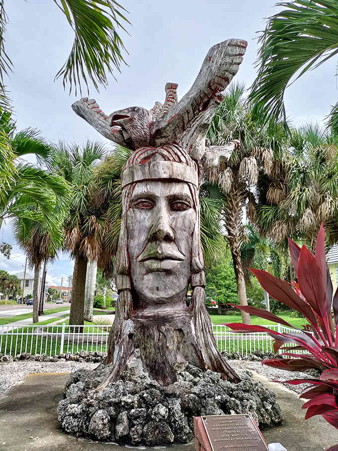 This towering wooden Native American figure watches over Punta Gorda, its weathered face telling stories of the past.