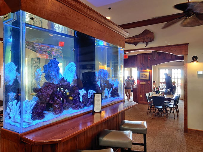 The Waterfront Restaurant's elegant interior features subtle aquarium displays that enhance rather than dominate the sophisticated space. Understated aquatic elegance!