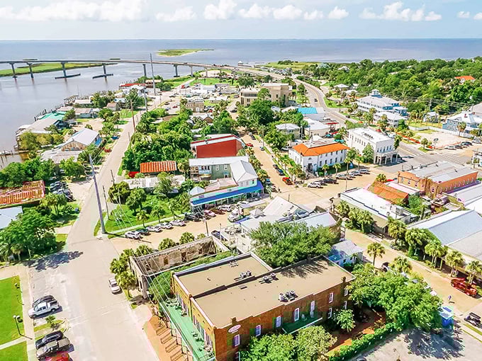 Apalachicola's working waterfront maintains its authentic fishing village character, with historic buildings facing the harbor that drives the local economy.