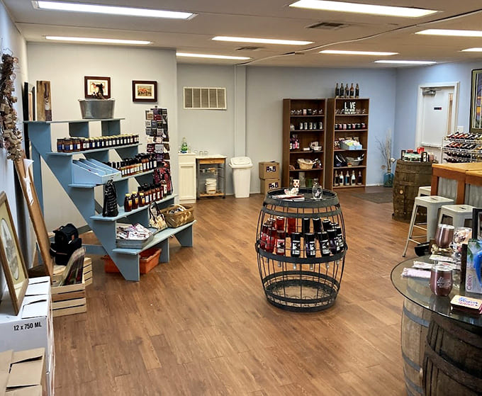Clean, bright shelves display the colorful bottles that prove blueberries belong in wine glasses.