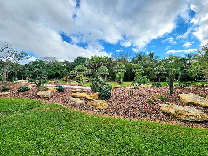 Desert plants and golden boulders create a striking contrast against emerald lawns under dramatic Florida skies that go on forever.
