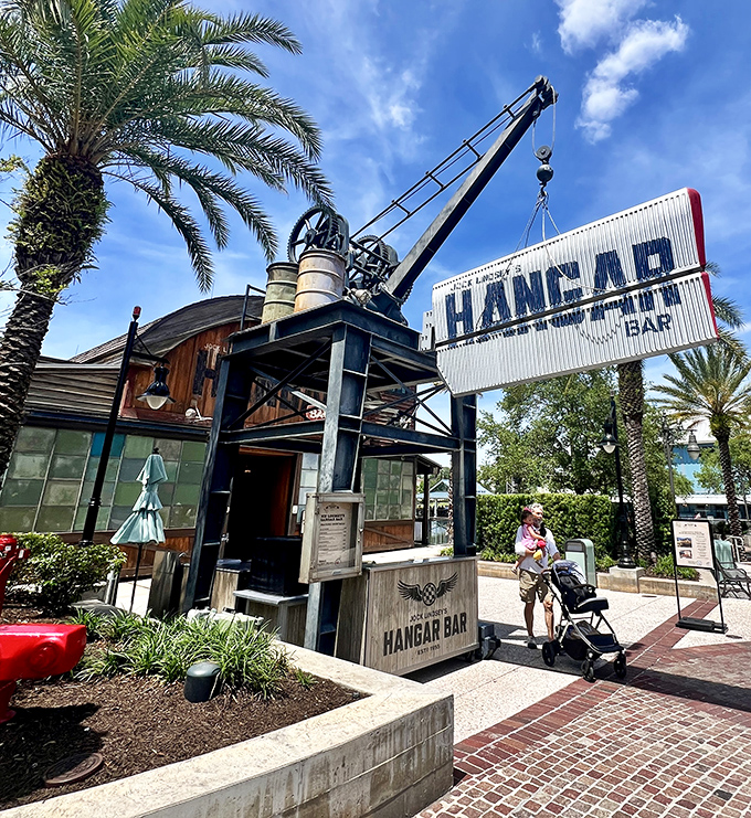 The detailed exterior of Jock Lindsey's Hangar Bar combines industrial elements with tropical touches for a unique themed experience.