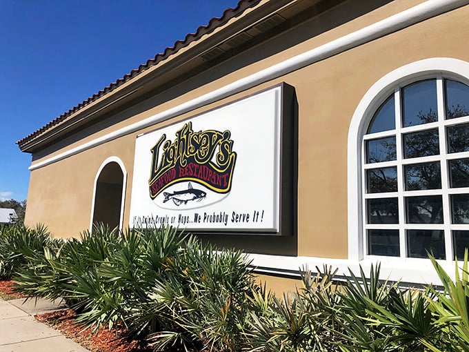 The restaurant's sign proudly announces their seafood philosophy &ndash; if it swims in Florida waters, it probably appears on their menu.