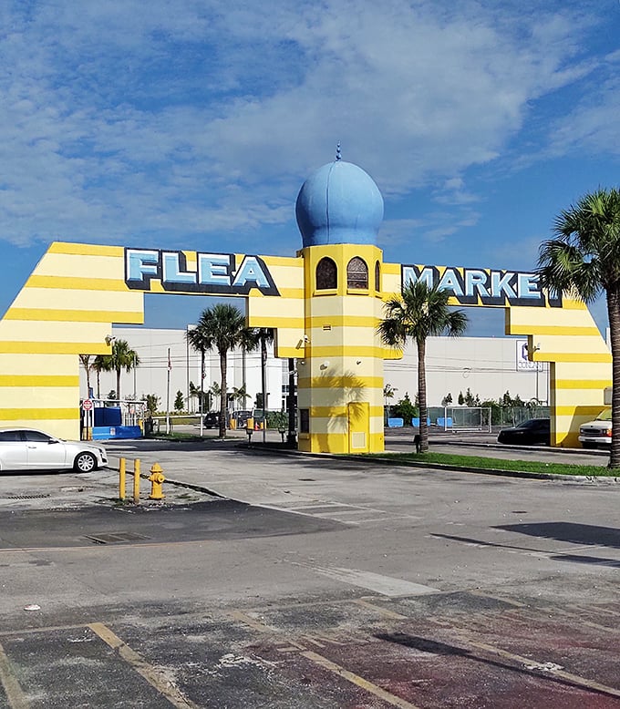 Blue dome dreams! This Moorish-inspired yellow fantasy structure stands like a mirage against Florida's sky, promising treasures as unique as its architectural statement.