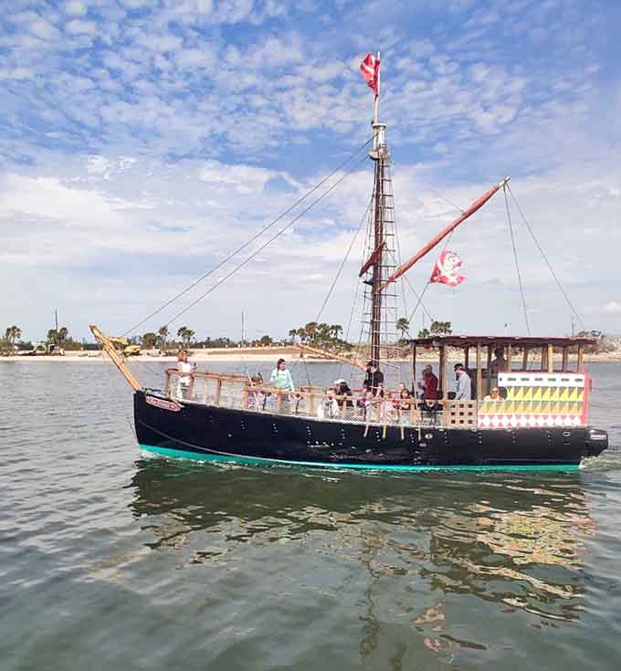 The quiet marina setting makes this ship look like it's keeping secrets, which is exactly what pirates do best.