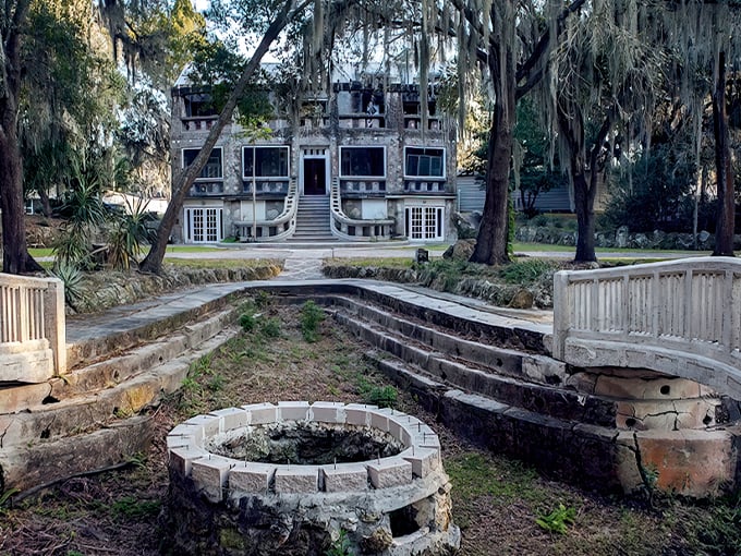 Gothic grandeur meets tropical decay in this view of the Wonder House, where Spanish moss decorates the scene better than any hired landscaper ever could.