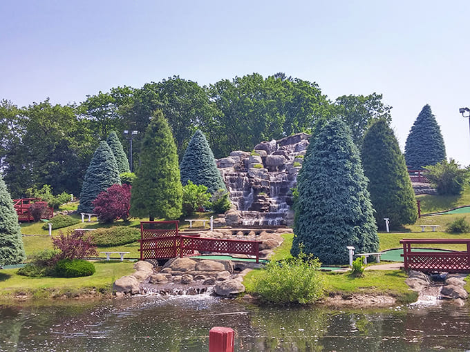 Adventure Island welcomes you with waterfalls, bridges, and enough evergreens to make you forget you're at an amusement park and not a resort.