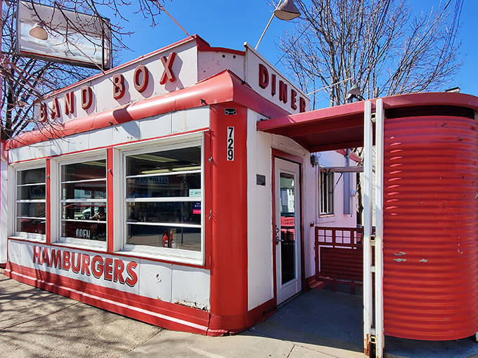 The iconic red and white exterior of Band Box Diner stands as a beacon of nostalgia in Minneapolis, promising comfort food that transcends time.
