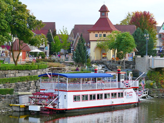 The Bavarian Belle awaits passengers at its Frankenmuth dock, looking like a floating wedding cake with that distinctive red and white charm.