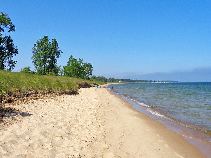 Golden sands stretch for miles along Lake Huron's shoreline, where footprints tell stories of summer adventures and peaceful solitude.